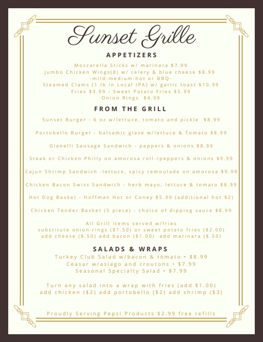 Restaurant Menu - Sunset Ridge Golf Club