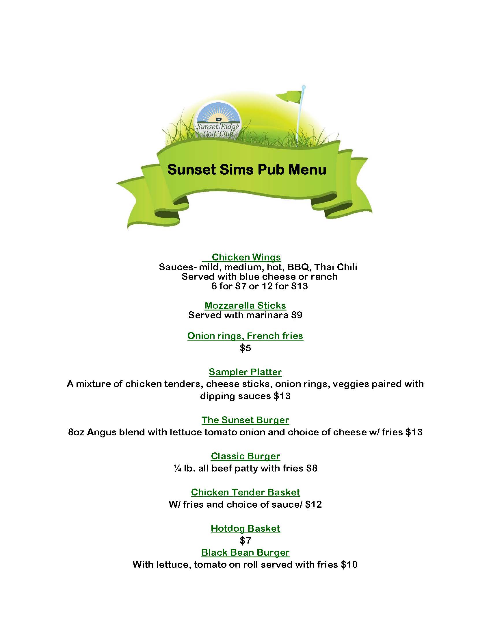 Simulators @ Sunset Ridge Menu - Sunset Ridge Golf Club
